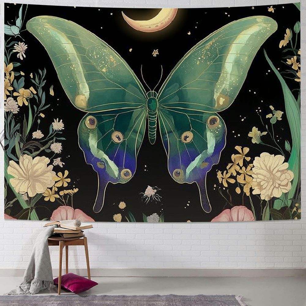 ERAPDAUR Teal Luna Moth Tapestry Wall Hanging, Moon Phase Stars Cute ...