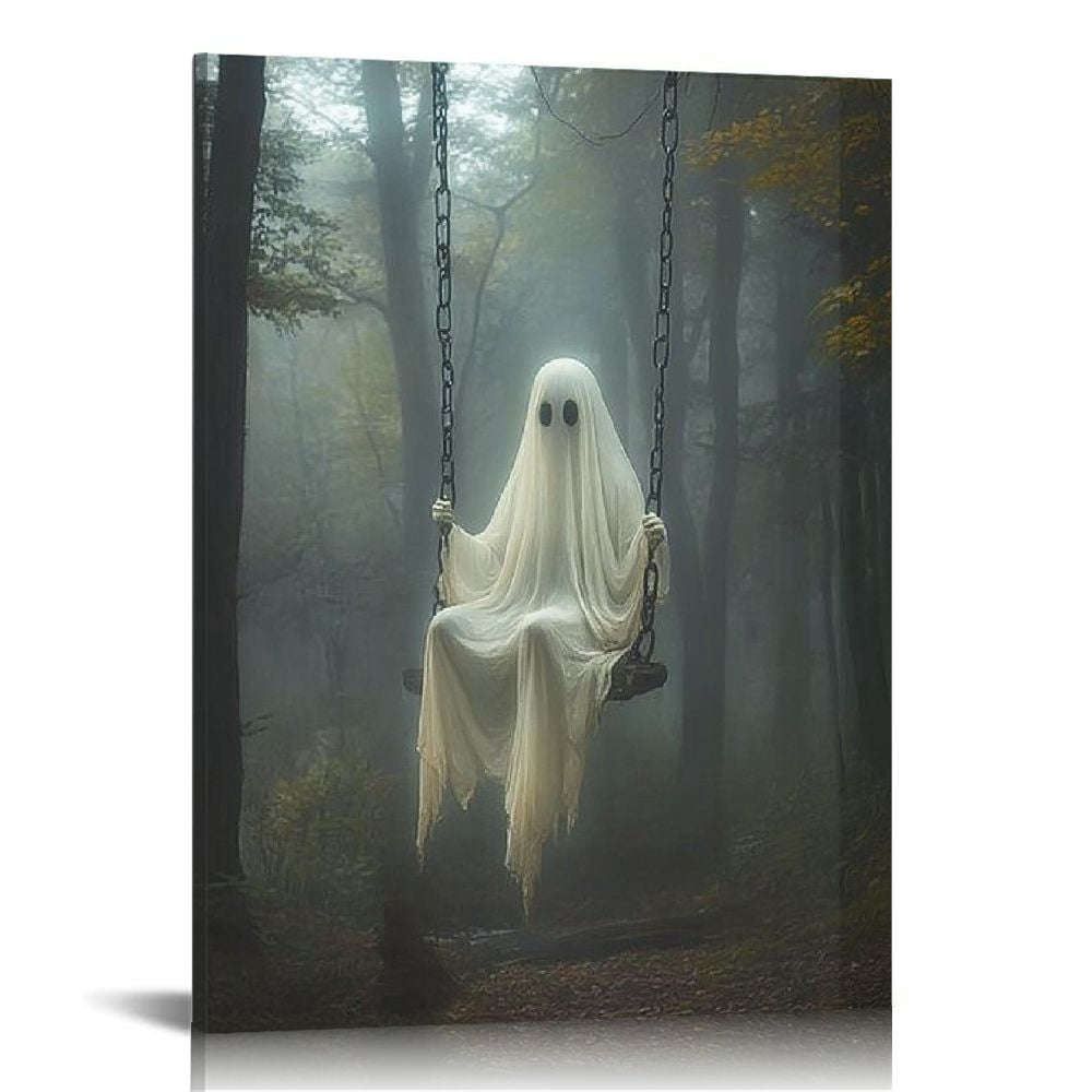 ERAPDAUR Vintage Cute Ghost Canvas Wall Art, Funny Ghost on A Swing in ...