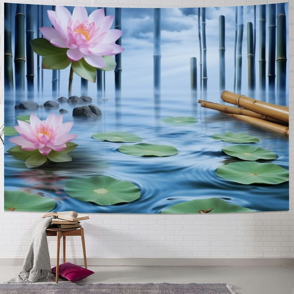 ERAPDAUR Zen Spa Tapestry Ocean Pink Floral Water Lily and Stone Blue ...