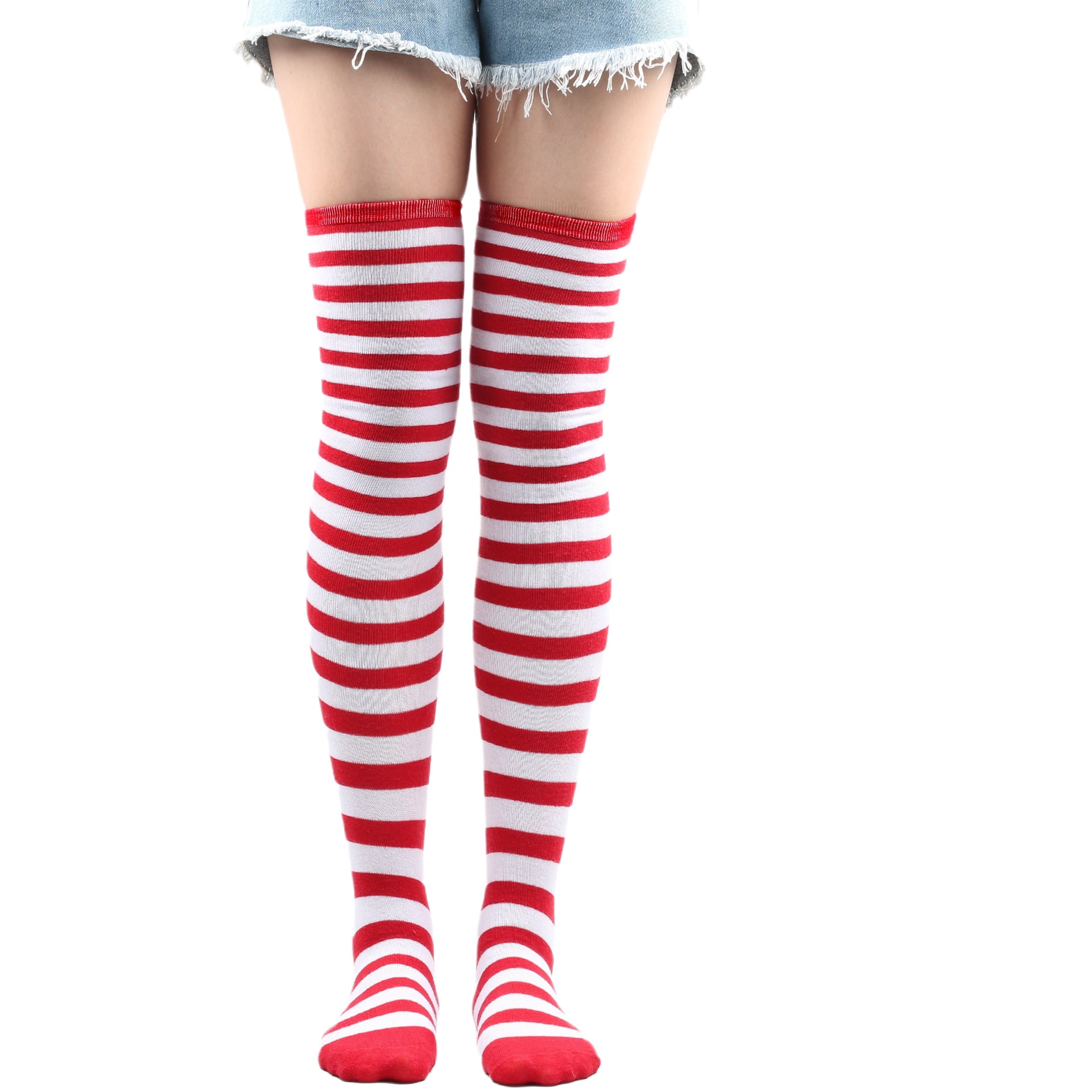 ERDOUY 2 Pairs Womens Thigh High Socks Cotton Striped Over the Knee ...