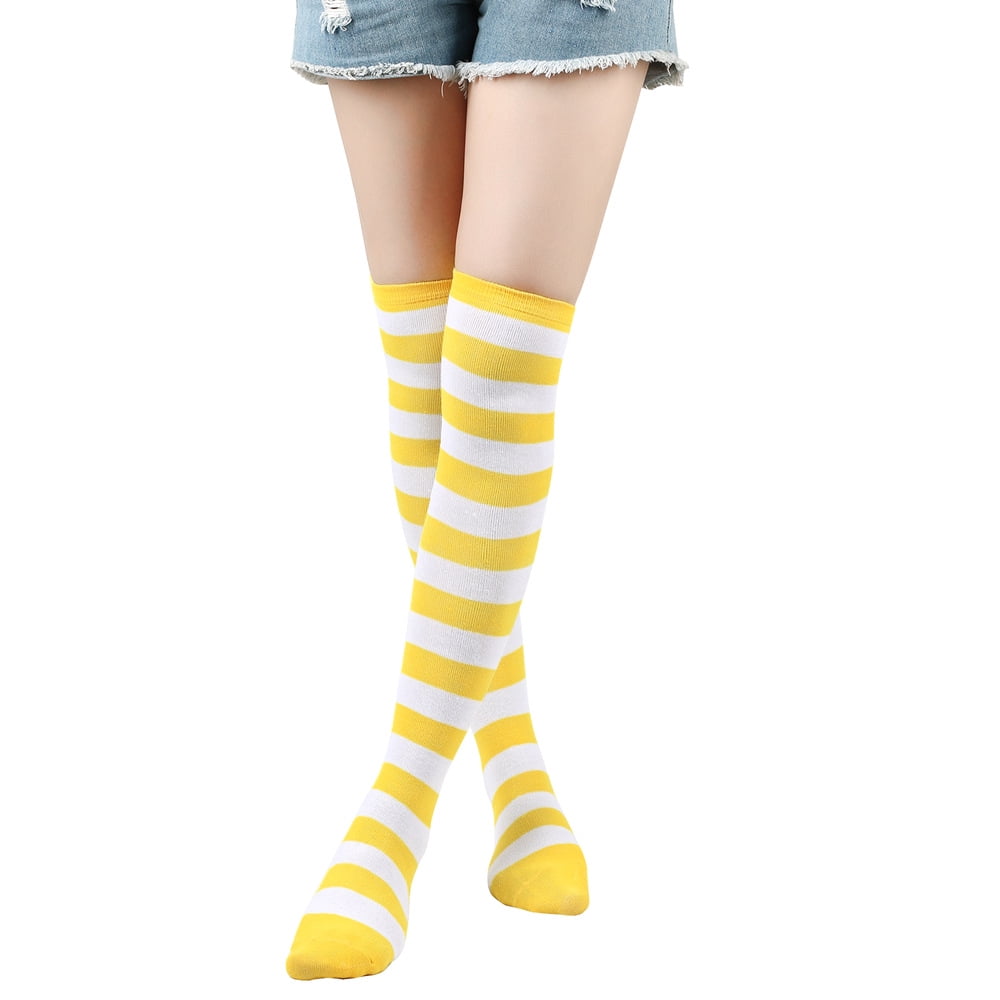 ERDOUY 2 Pairs Womens Thigh High Socks Cotton Striped Over the Knee Socks Long Knee High ...
