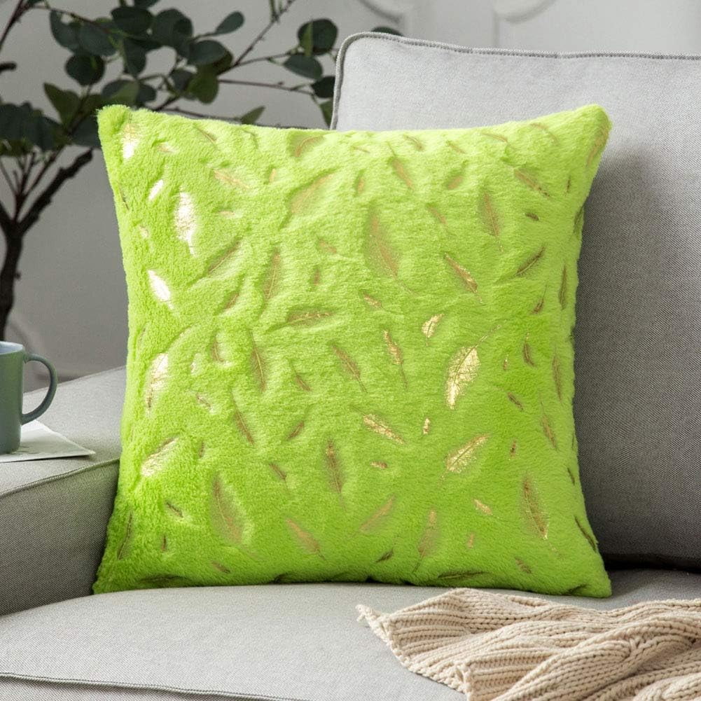 ERDOUY Faux Fur Throw Pillows Cover with Gold Leaves Super Soft Plush ...