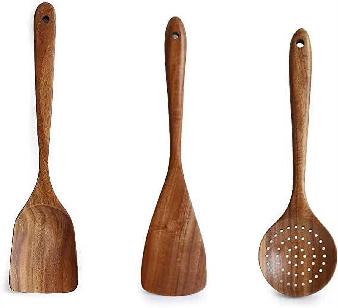 ERDOUY Teak Kitchen Utensils Set,Slotted Spoon+Flat Spatula+Wok Spatula ...