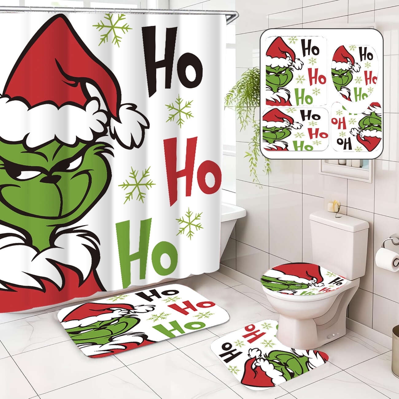 ERFGJ 4Pcs Grinch Christmas Shower Curtain Sets Ho Ho Ho Shower Curtain ...