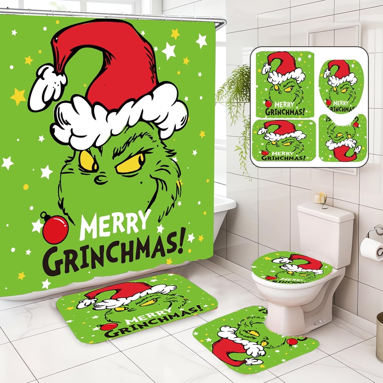 ERFGJ 4Pcs Grinch Christmas Shower Curtain Sets with Non-Slip Rugs ...
