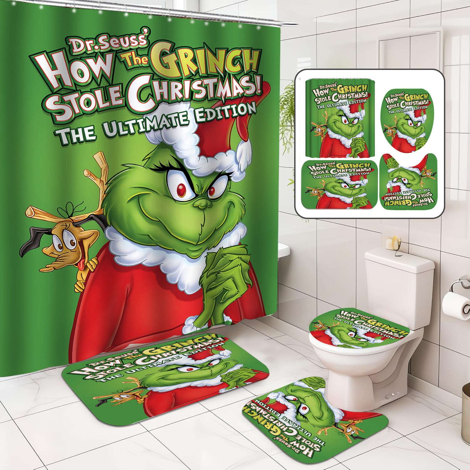 ERFGJ Christmas Shower Curtain Set How The Grinch Stole Christmas ...