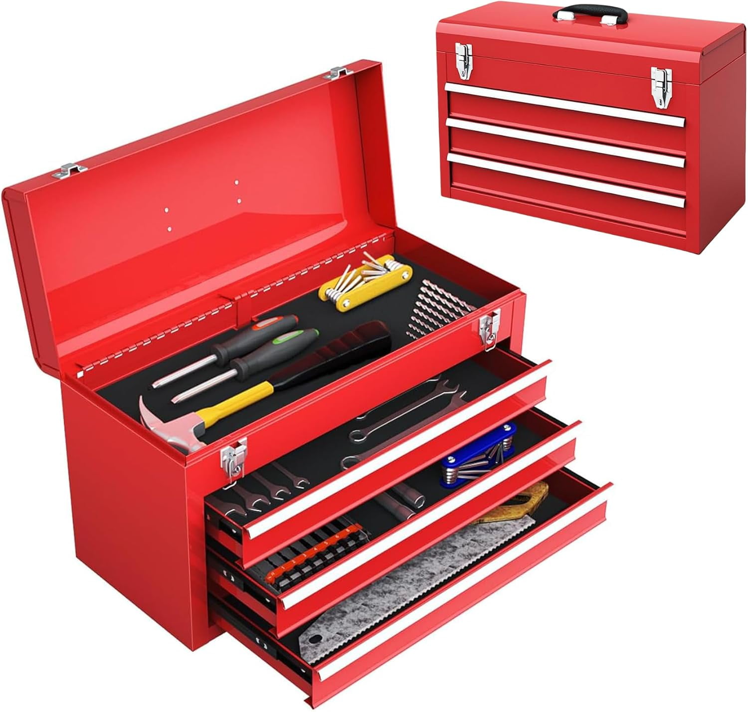 ERGOMASTER Portable Tool Box, 20.5'' Metal Tool Box with 3 Drawers ...