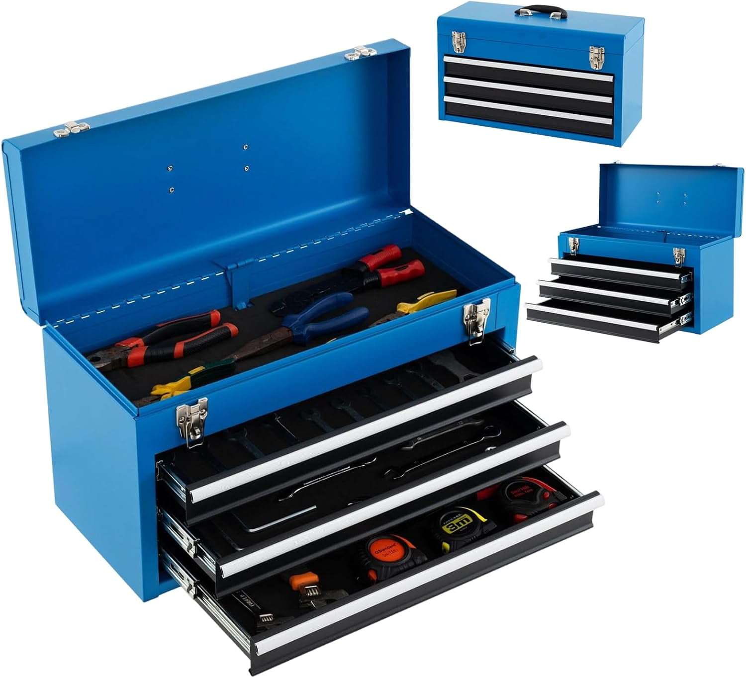 ERGOMASTER Portable Tool Box, Metal Tool Box with 3 Drawers, Lockable Heavy Duty Tool Chest ...