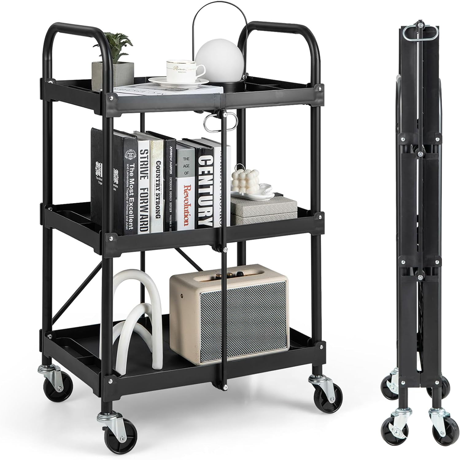 ERGOMASTER Rolling Carts with Wheels, Foldable 3-Tier Utility Kitchen ...