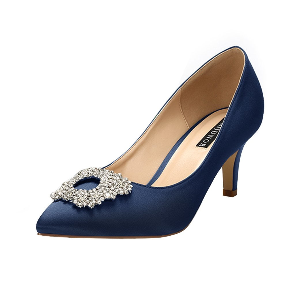 ERIJUNOR E1604 Women Pumps Low Heel Rhinestone Brooch Satin Evening ...