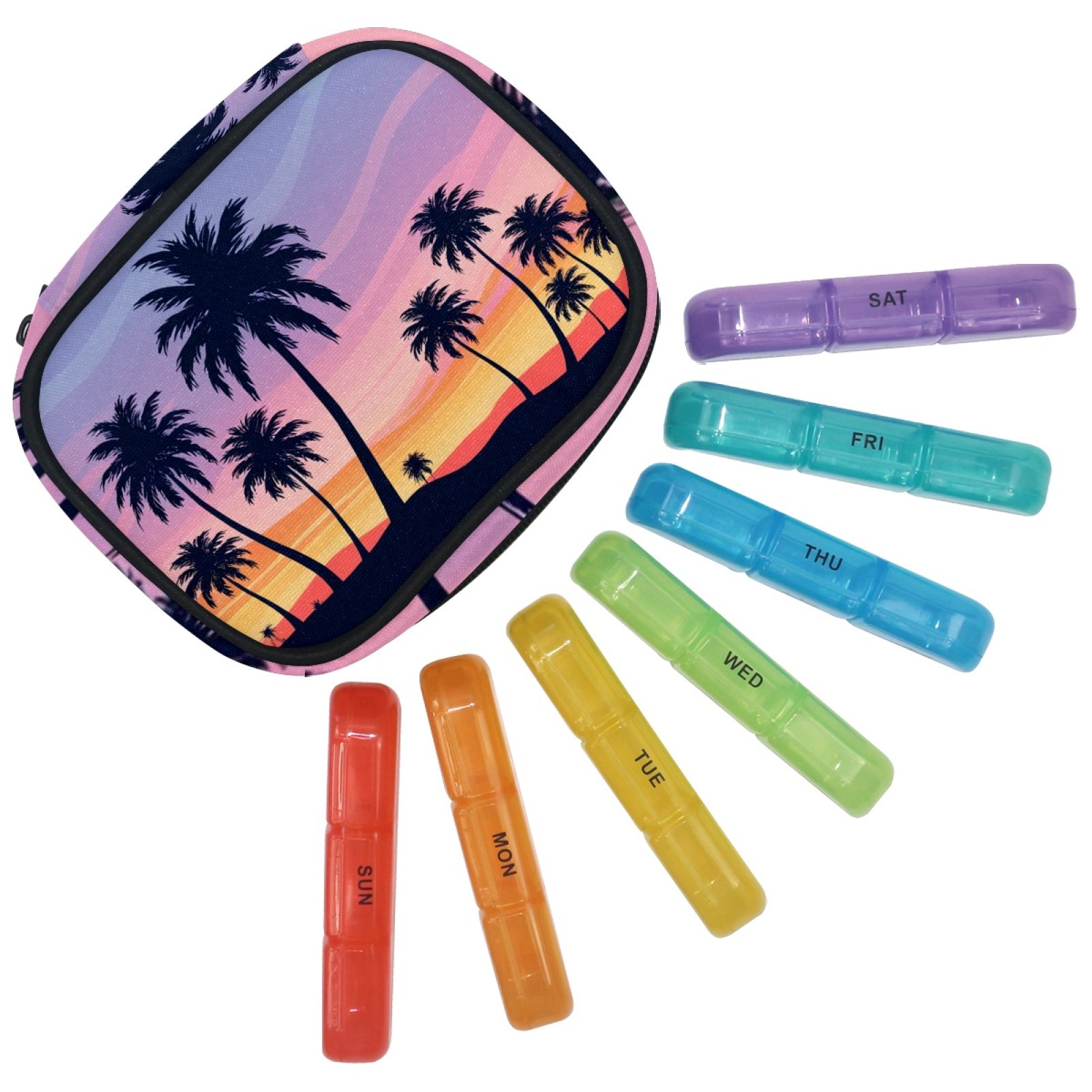 ERJLKXP Pill Organizer Coconut Trees,Sunset Glow Pill Case 7 Day Weekly ...