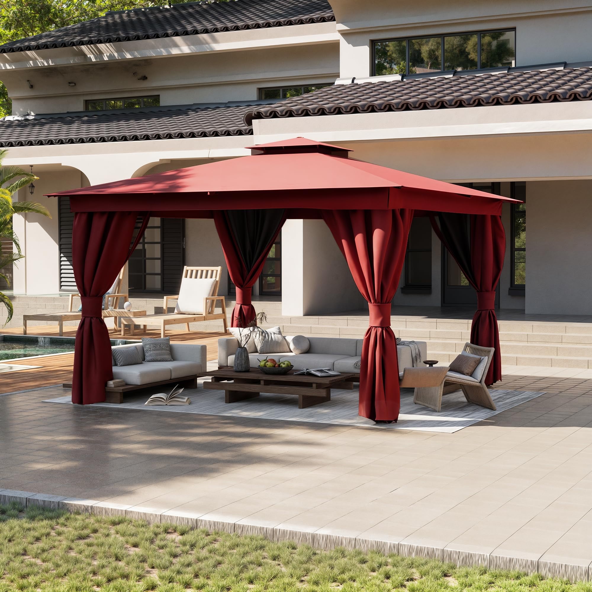 Erommy 10'x13' Canopy Gazebo,Double Roofs Metal Frame Gazebo With ...