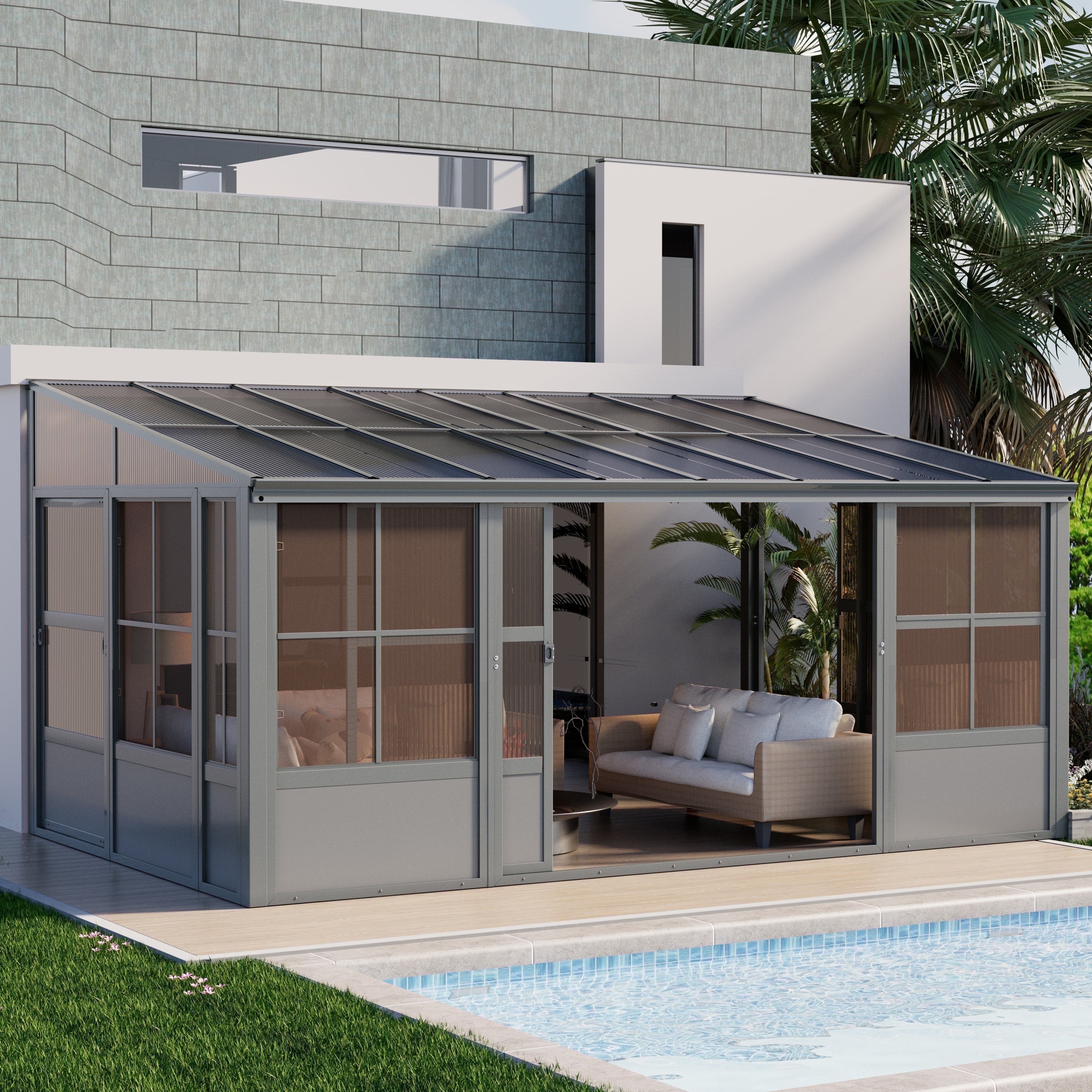 EROMMY 10' x 16' Sunroom, Wall Mounted Gazebo Solarium with Aluminum ...