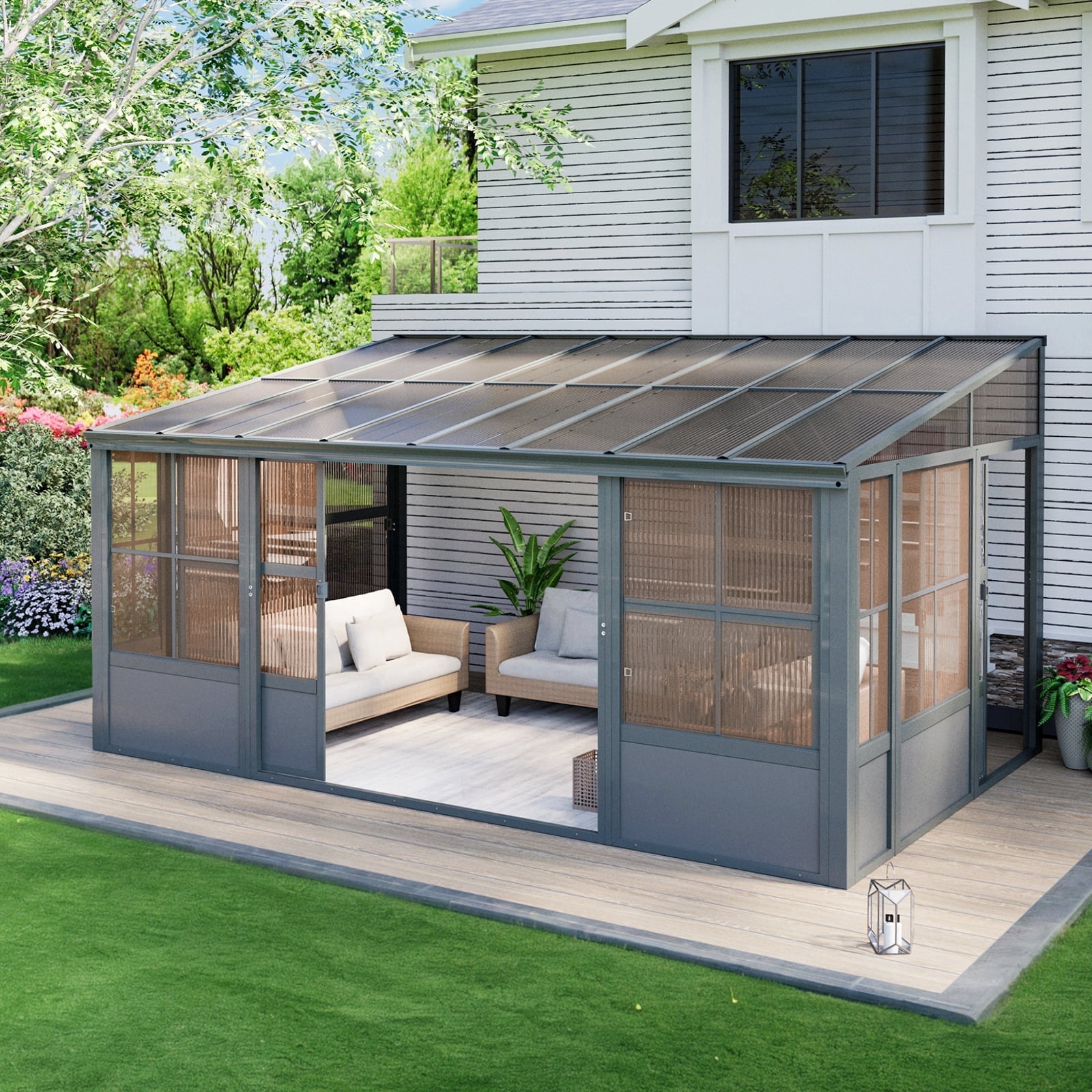 EROMMY 10' x 16' Sunroom, Wall Mounted Gazebo Solarium with Aluminum ...