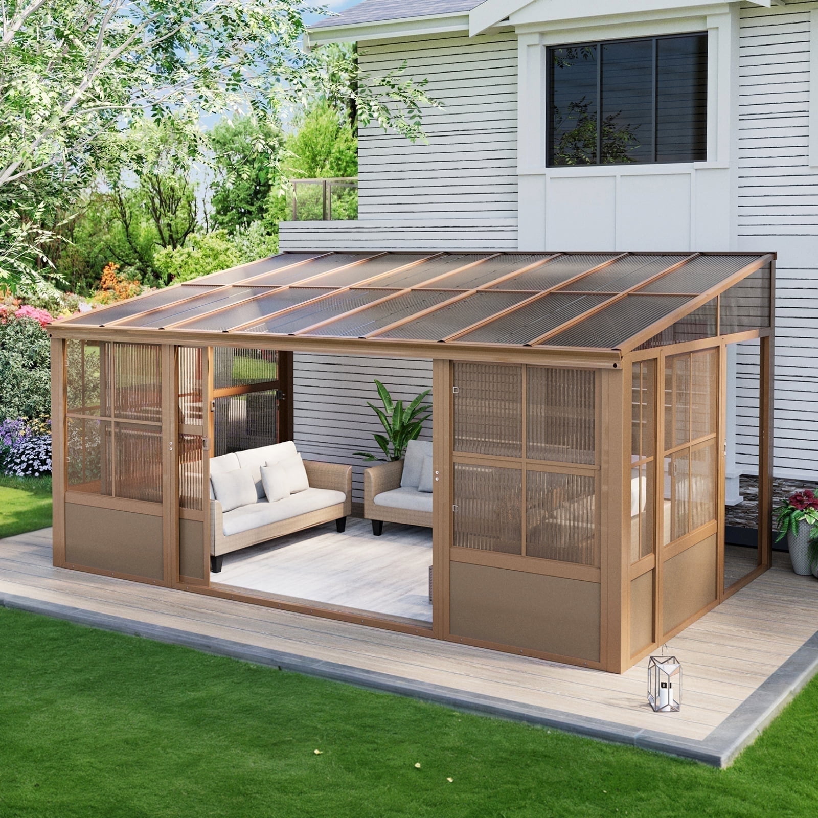 EROMMY 10' x 16' Sunroom, Wall Mounted Gazebo Solarium with Drainage ...