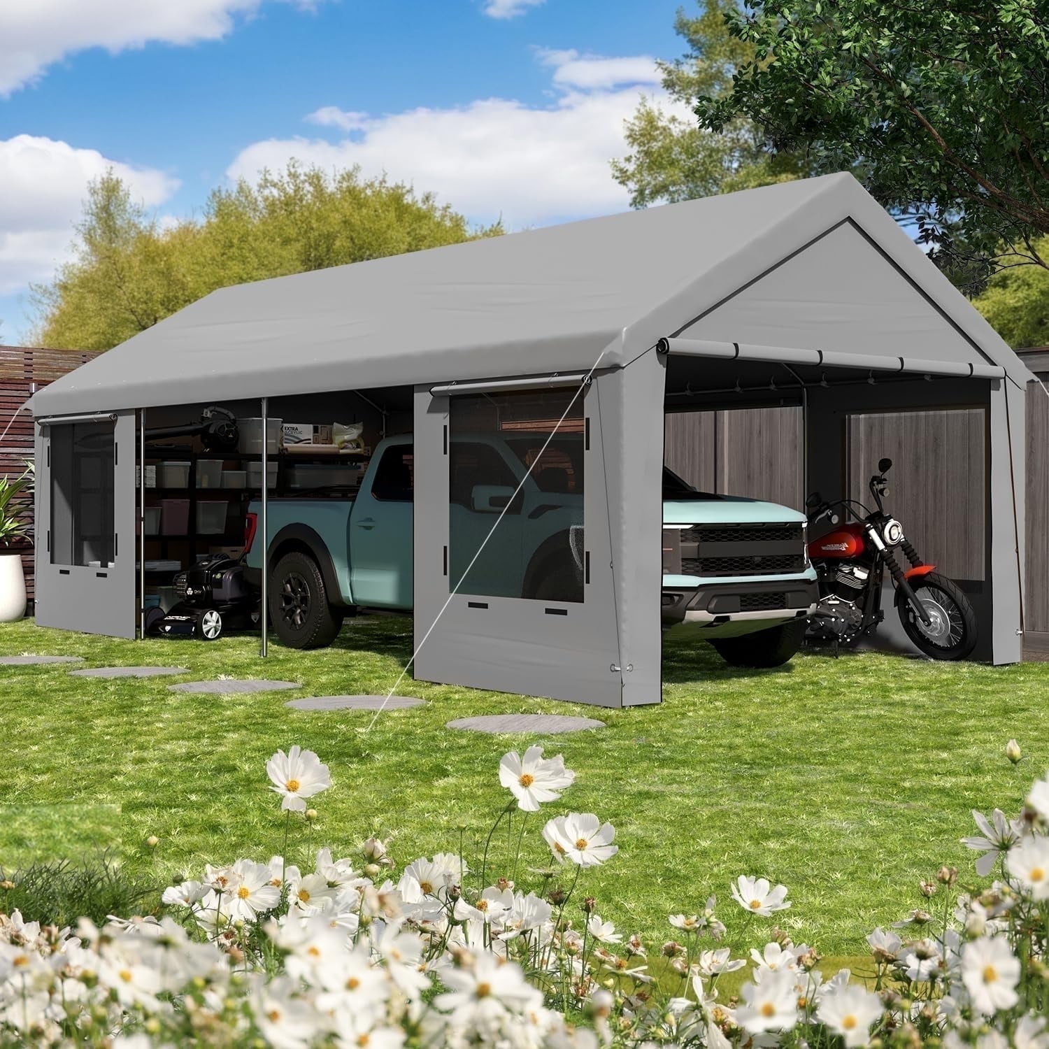 Erommy 12' x 24' Heavy Duty Portable Outdoor Garage Carport with Roll ...