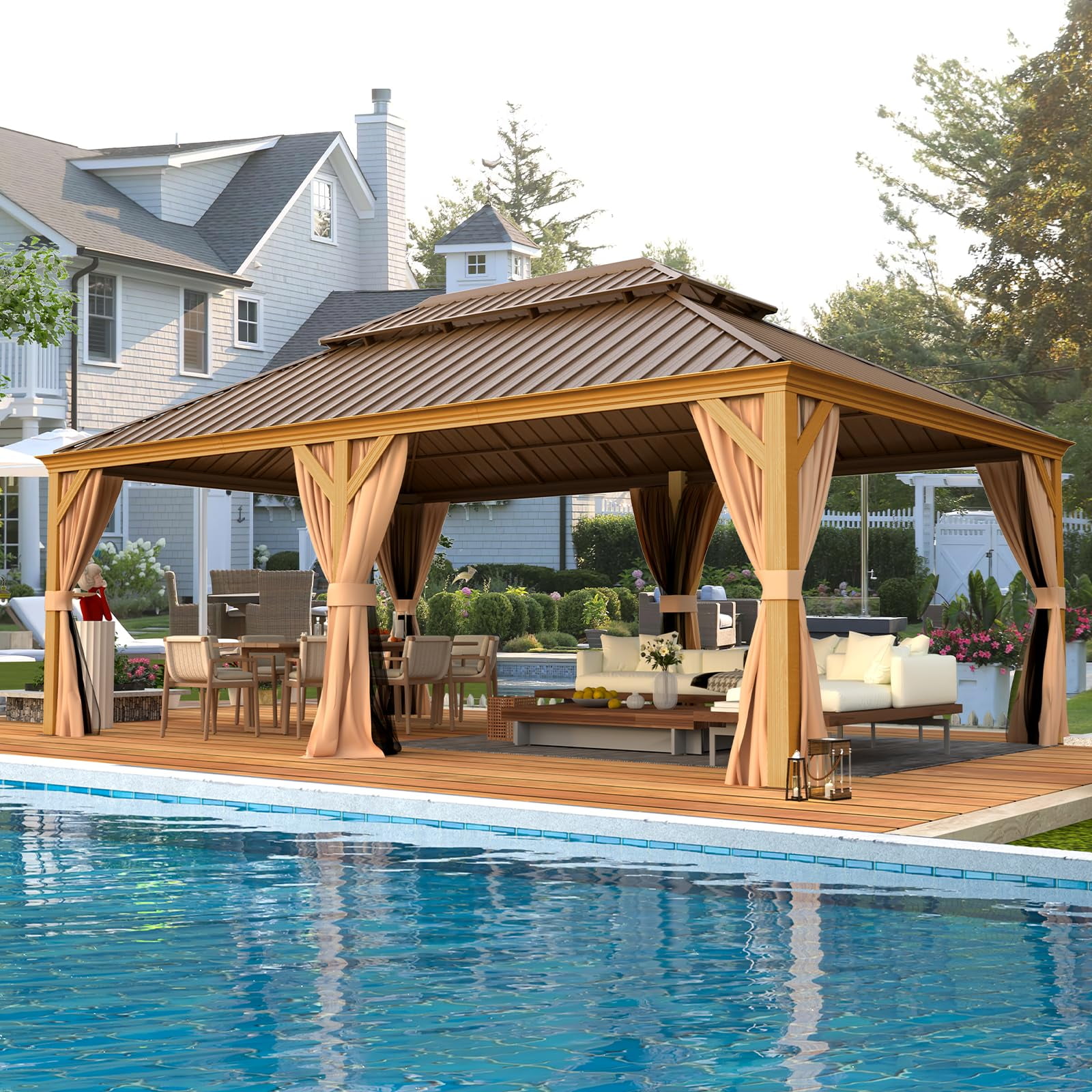 EROMMY 12'x22' Gazebo, Wooden Finish Coated Aluminum Frame Pergola with ...