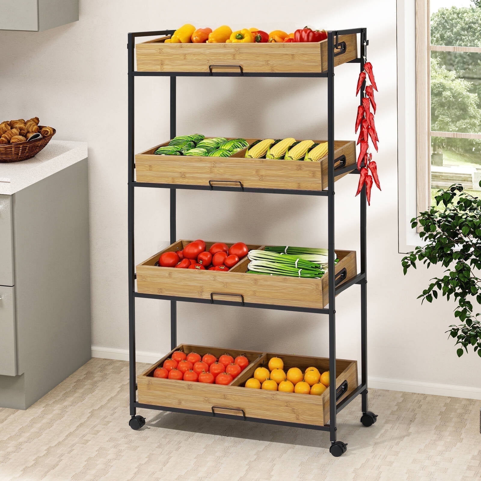 EROMMY Wood Fruit Vegetable Storage Rack Stand, 4-Tier Kitchen Storage ...