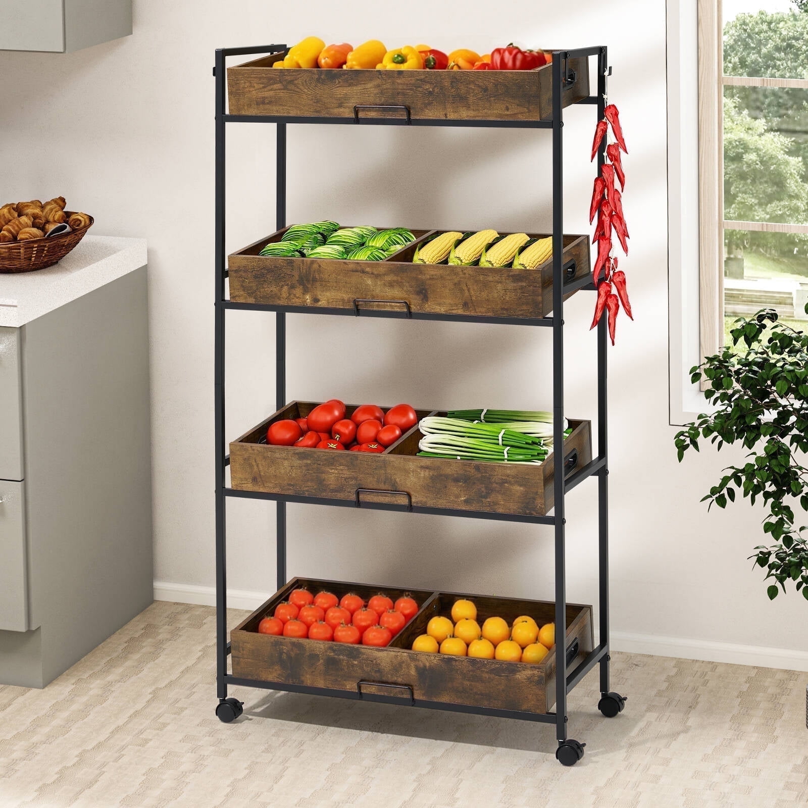 EROMMY 4-Tier Kitchen Storage Shelves with Rollers, Vegetable and Wood ...