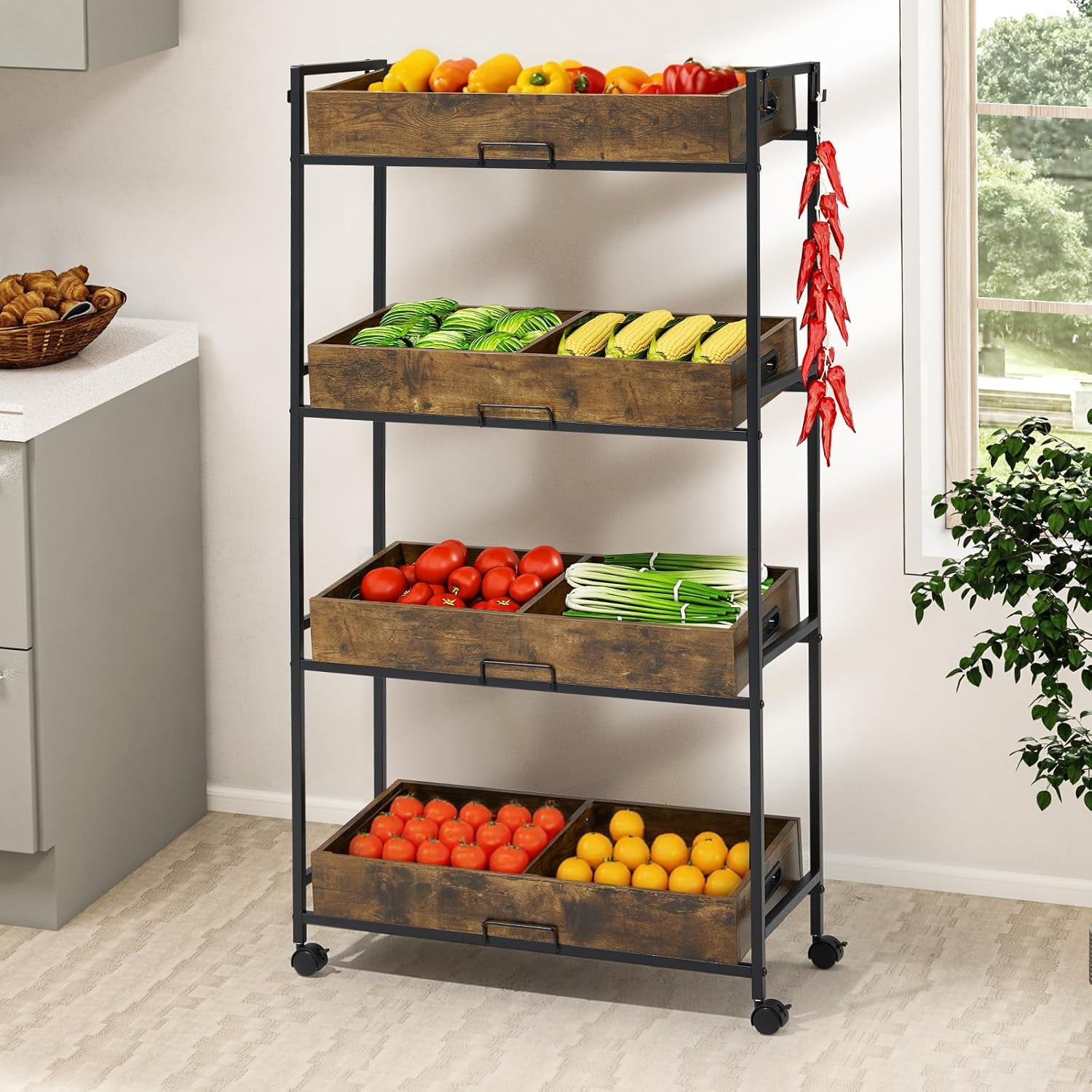 EROMMY 4-Tier Wood Fruit and Vegetable Storage Basket Stand Rack ...