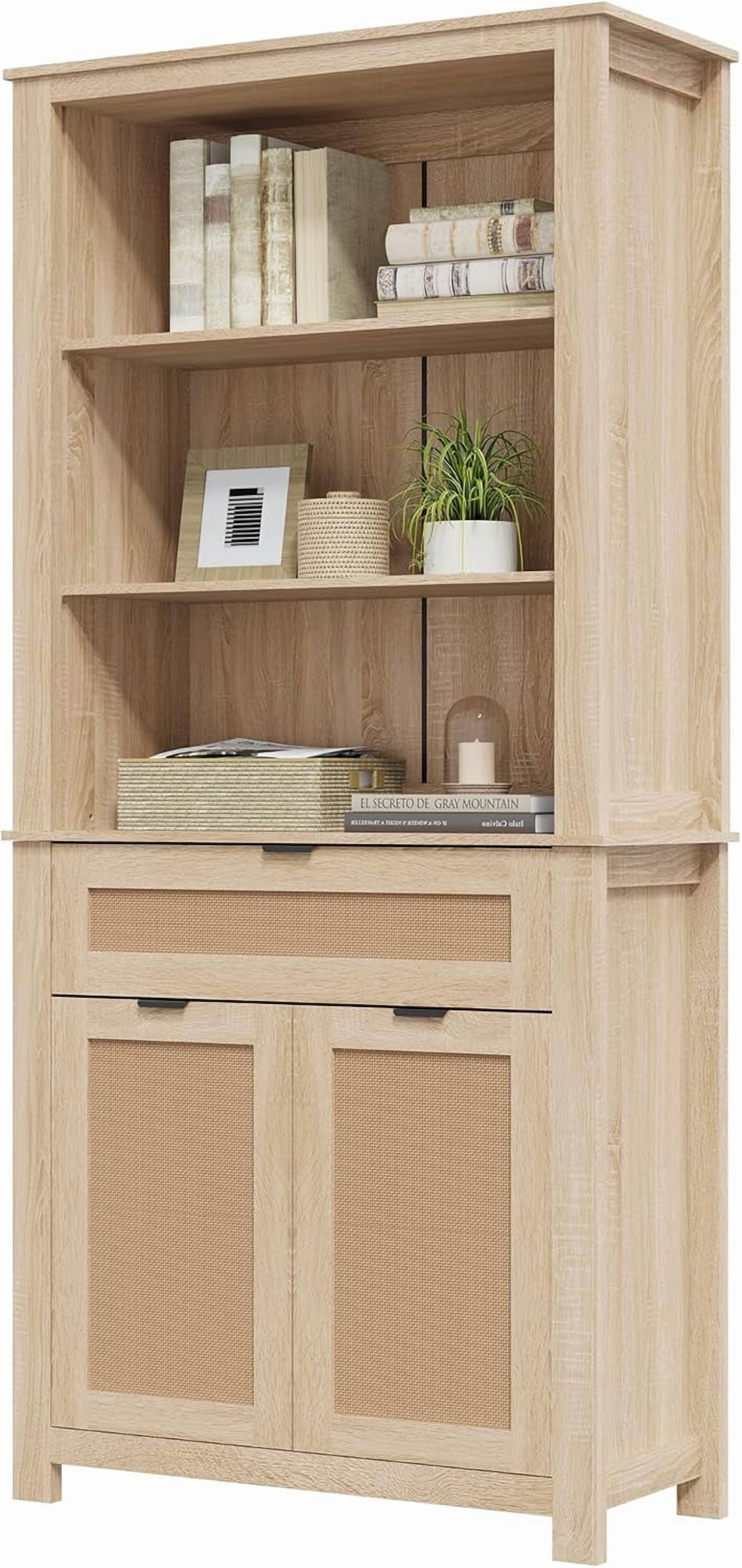 EROMMY 5 Tier Rattan Bookshelf with Drawer, 71" Tall Boho Bookcase ...