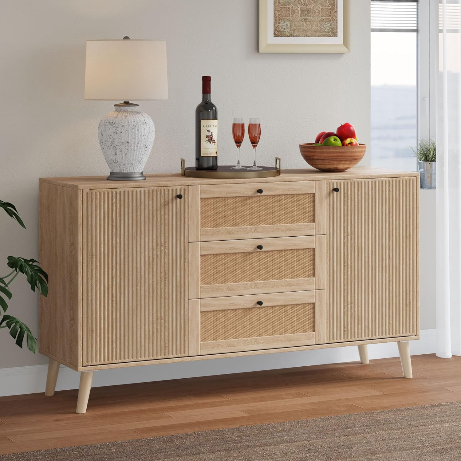 EROMMY 55" Rattan Sideboard Buffet Cabinet, Accent Storage Cabinet with ...