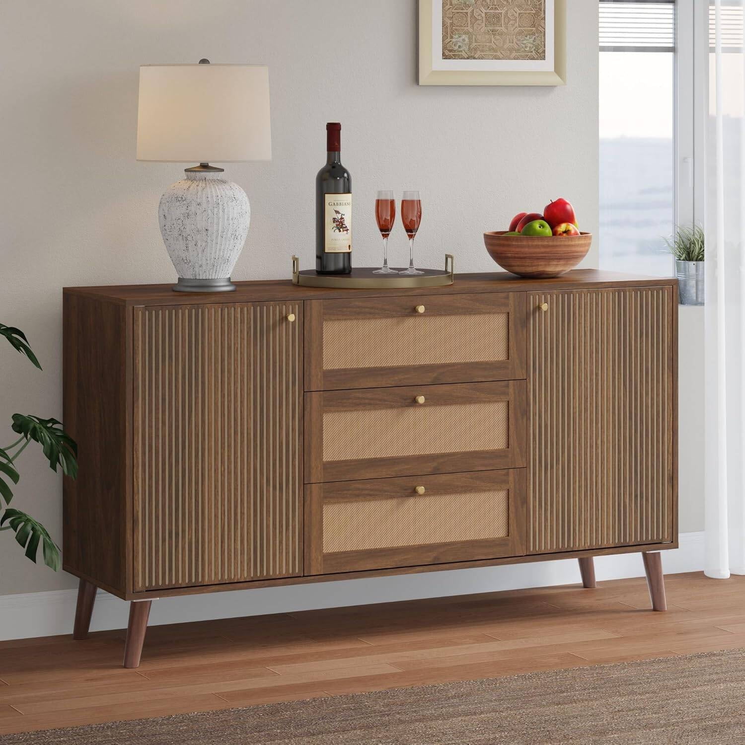 EROMMY 55" Rattan Sideboard Buffet Cabinet, Accent Storage Cabinet with ...
