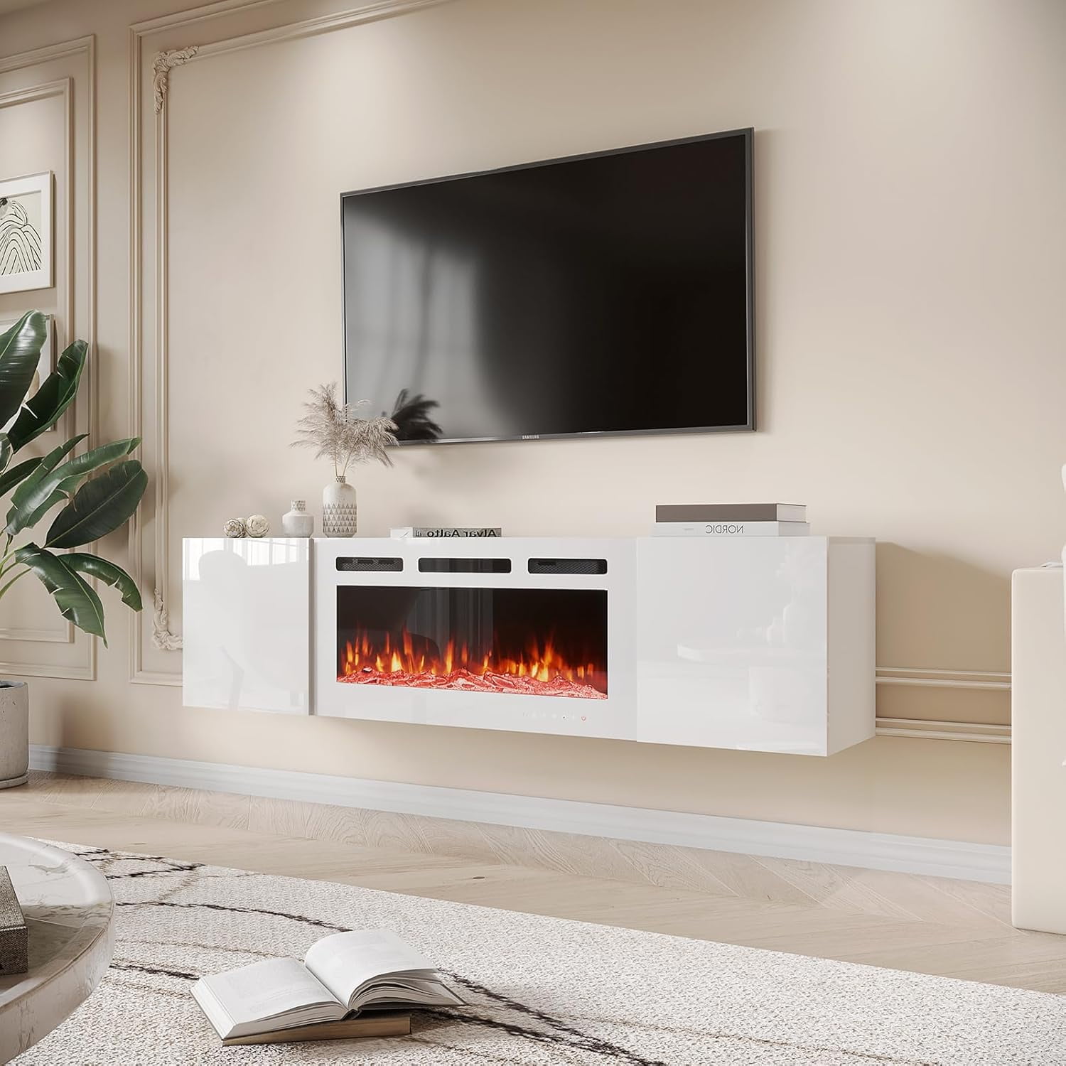 EROMMY 70'' Floating TV Stand with 36'' Electric Fireplace, High Gloss ...