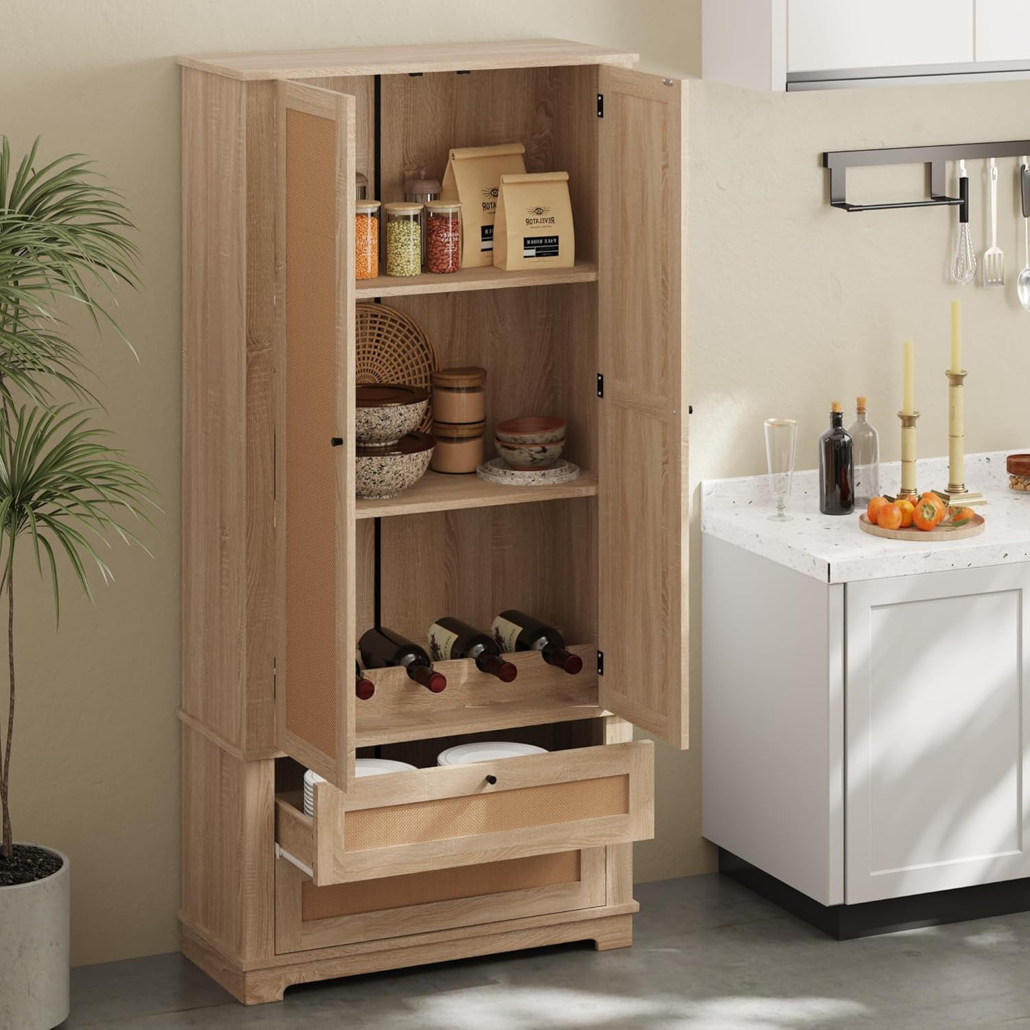 EROMMY 70" Tall Storage Cabinet with Adjustable Wine Rack, Rattan ...