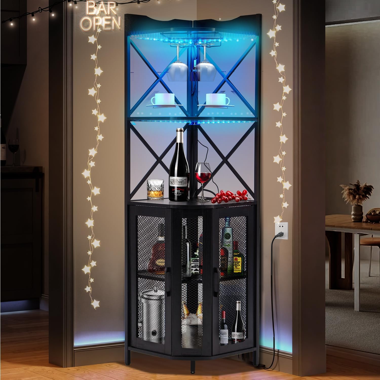 EROMMY Corner Bar Cabinet with Power Outlet, 5-Tiers Wine Bar Cabinet ...