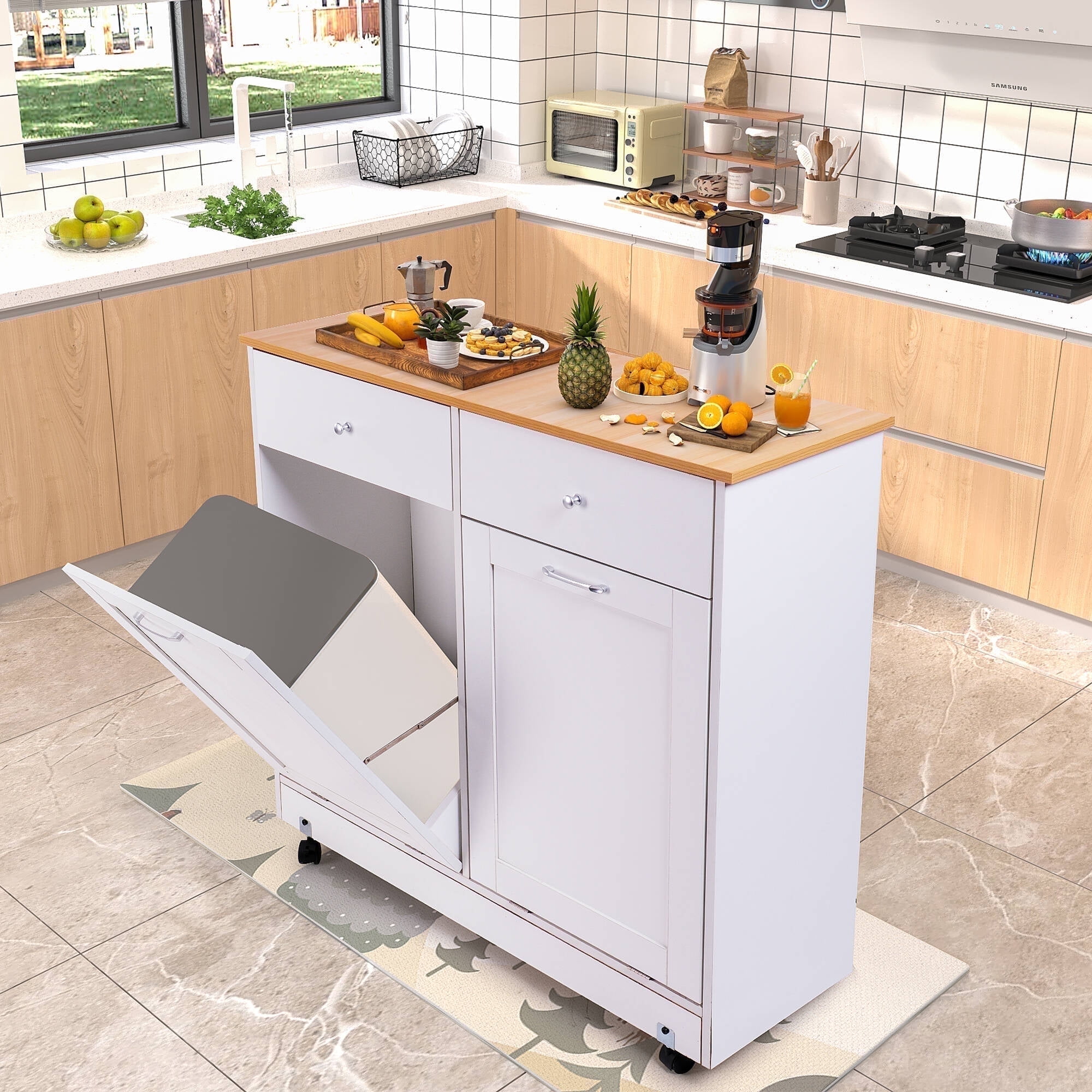 Erommy Double Tilt Garbage Cabinet, Trash Bin with Storage, Recycling ...