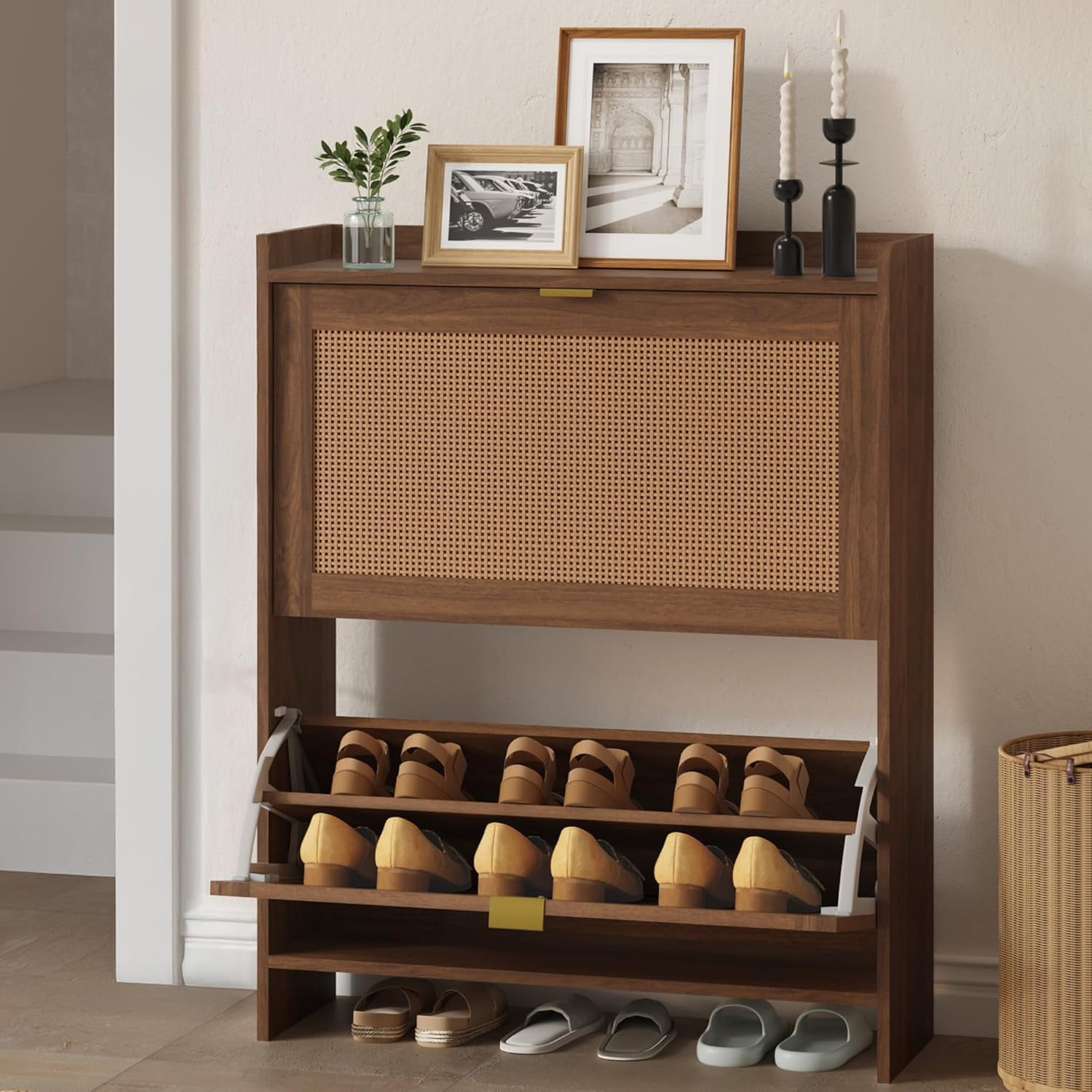 EROMMY Flip Drawer Shoe Cabinet, Farmhouse Ratten Shoe Cabinet ...