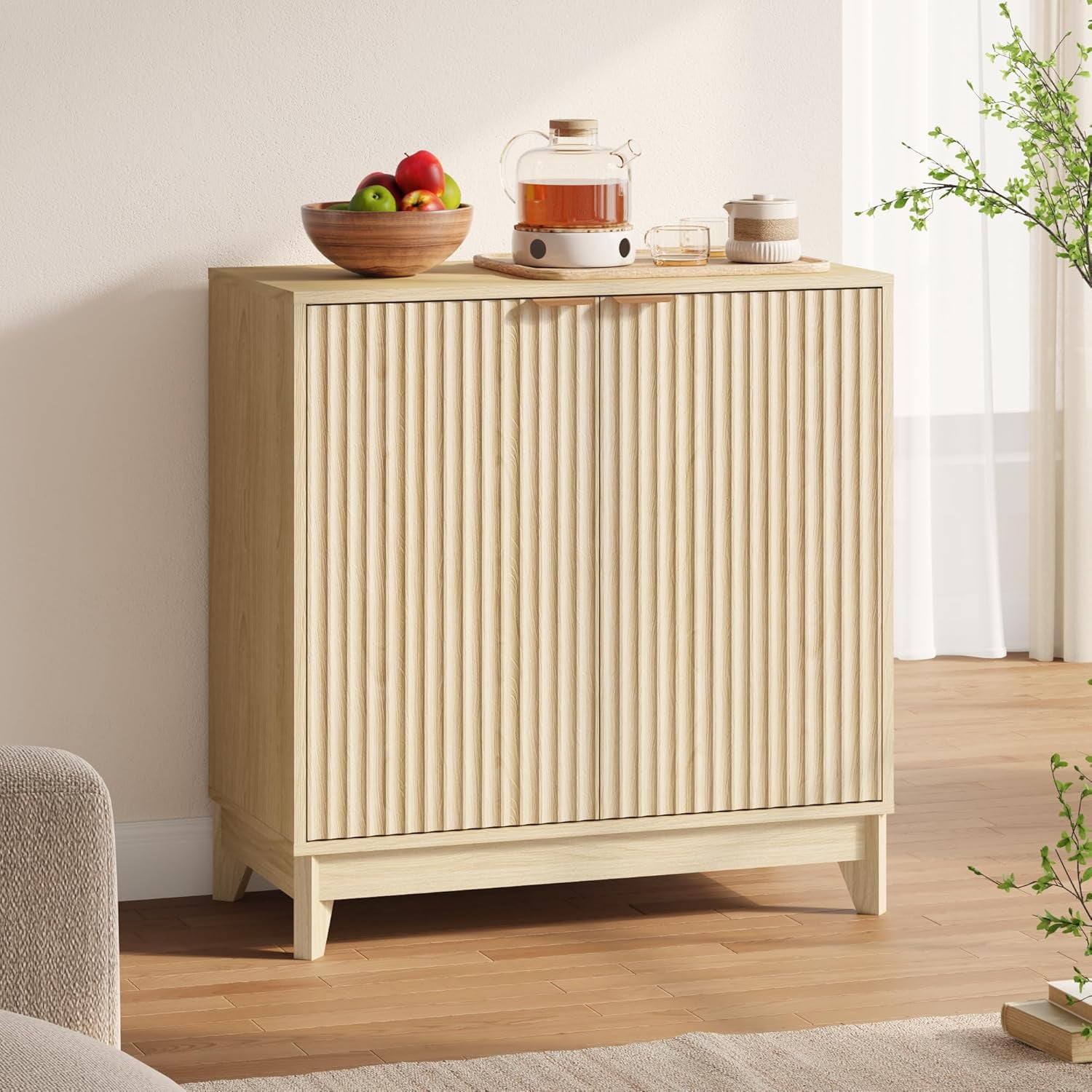 EROMMY Fluted Buffet Cabinet, 31" Storage Cabinet with Thermoformed Doors & Adjustable Shelf ...