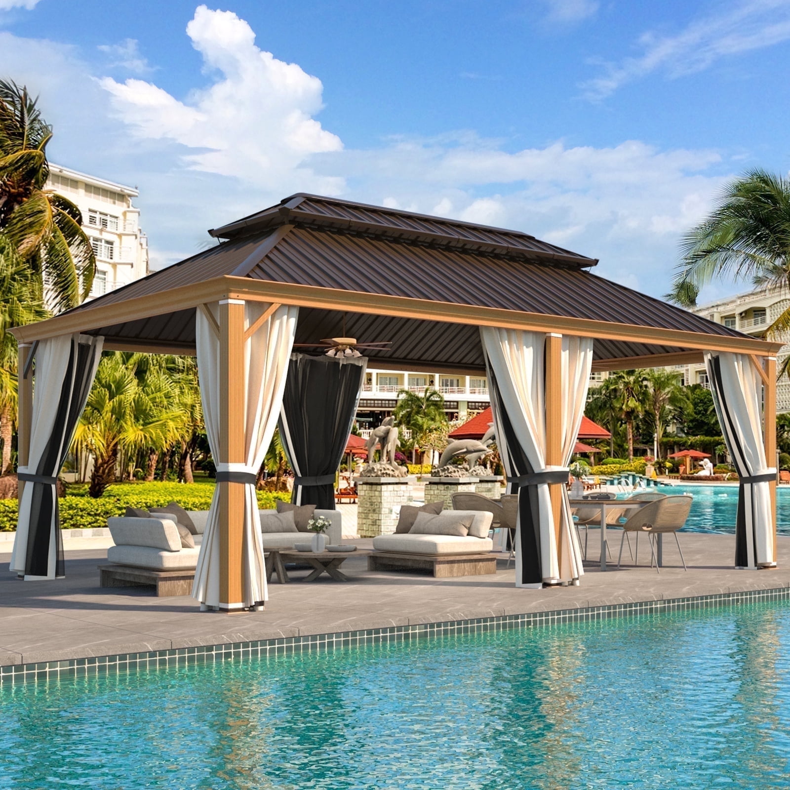 EROMMY 12'x20' Hardtop Gazebo, Wood Grain Aluminum Frame Pergola with ...