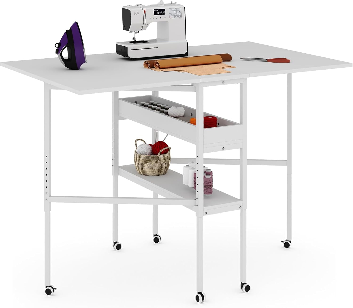 EROMMY Height Adjustable Sewing Table Foldable with Storage Shelves ...