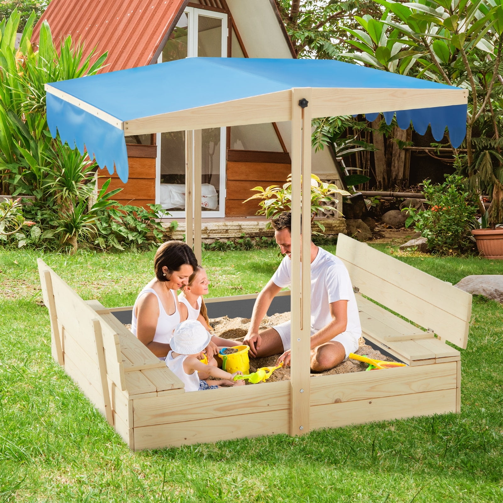 EROMMY Kids Wooden Sandbox with Foldable Benches, Adjustable Canopy ...