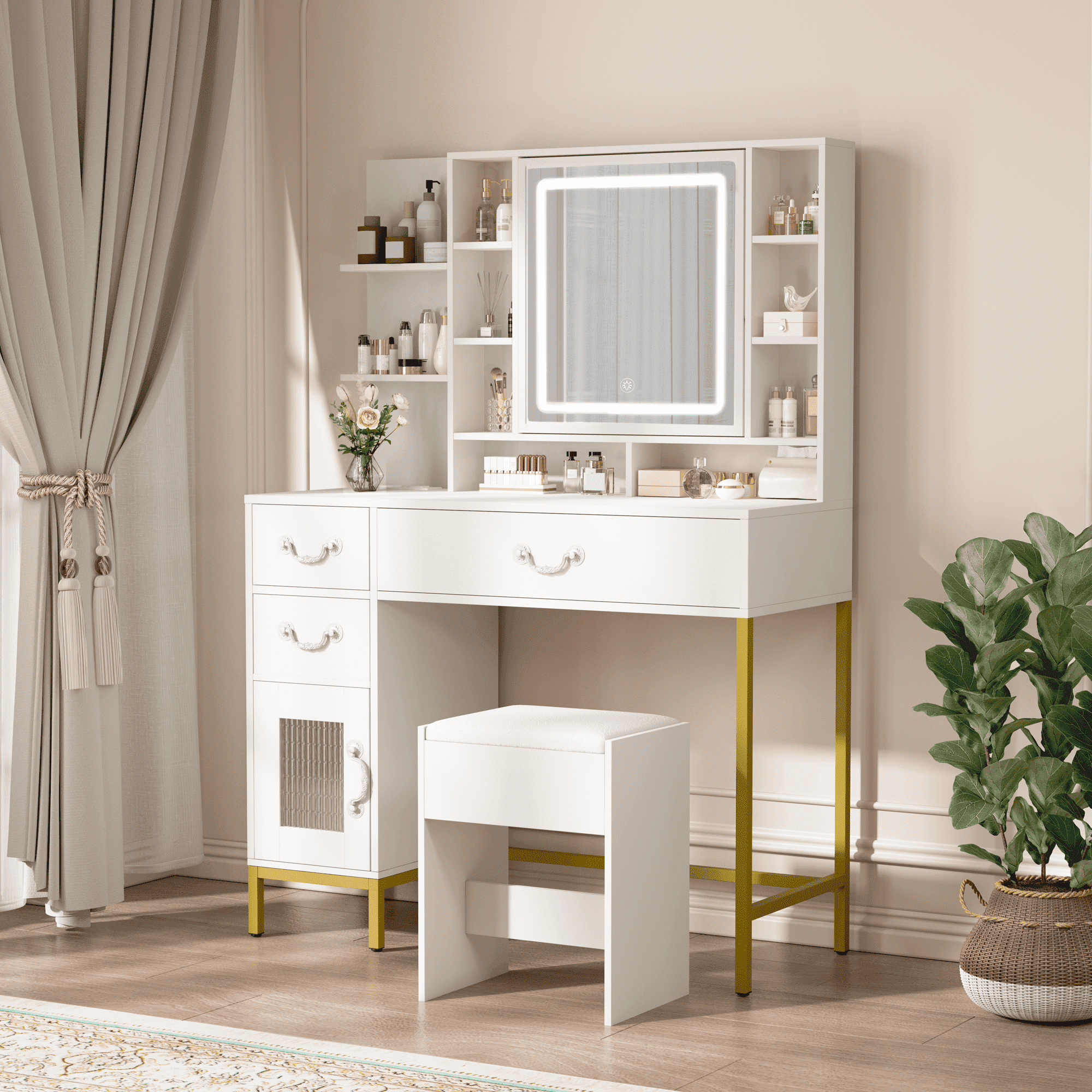 EROMMY Make up Vanity with Openable Mirror, 3-Color LED Lights ...