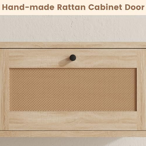 EROMMY Modern Rattan Floating TV Stand, Rectangular Wall-Mounted ...