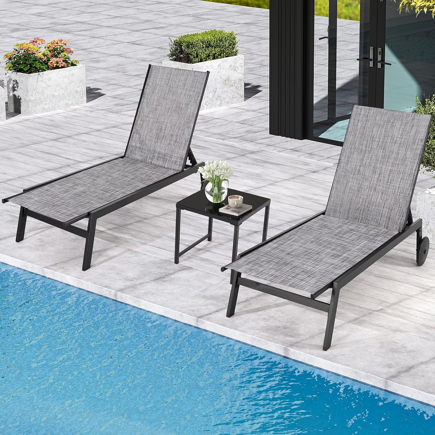 EROMMY Patio Chaise Lounge Chair Set of 2 with Table, Waterproof ...
