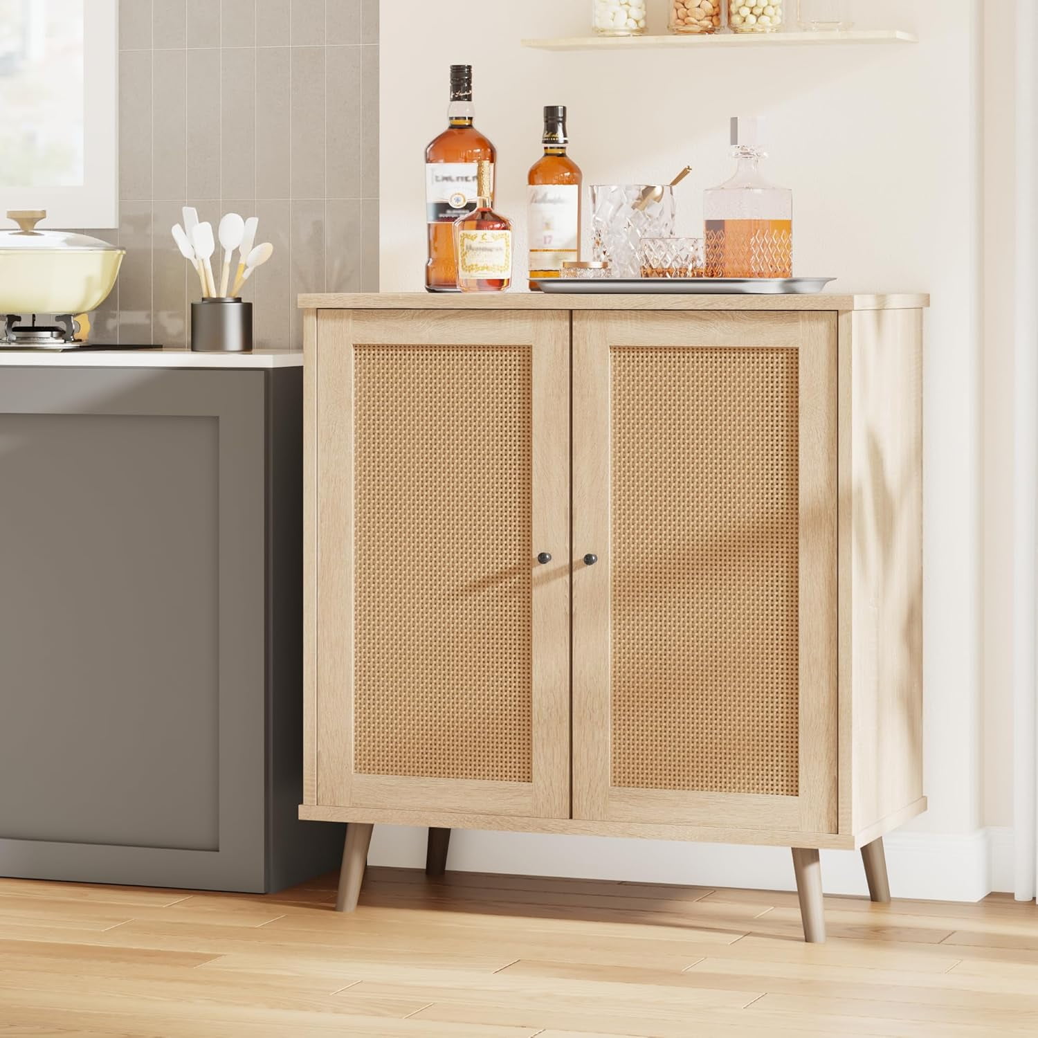 EROMMY Rattan Buffet Cabinet, Kitchen Storage Cabinet with Rattan ...