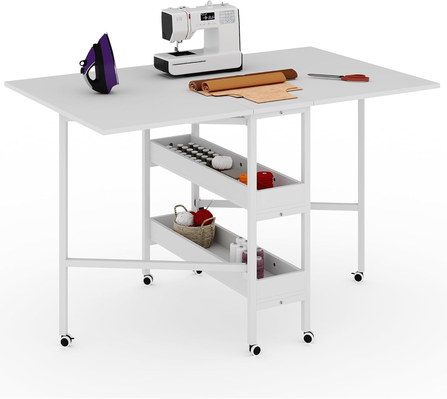 EROMMY Sewing Table Foldable with Storage Shelves, Mobile Folding Craft ...