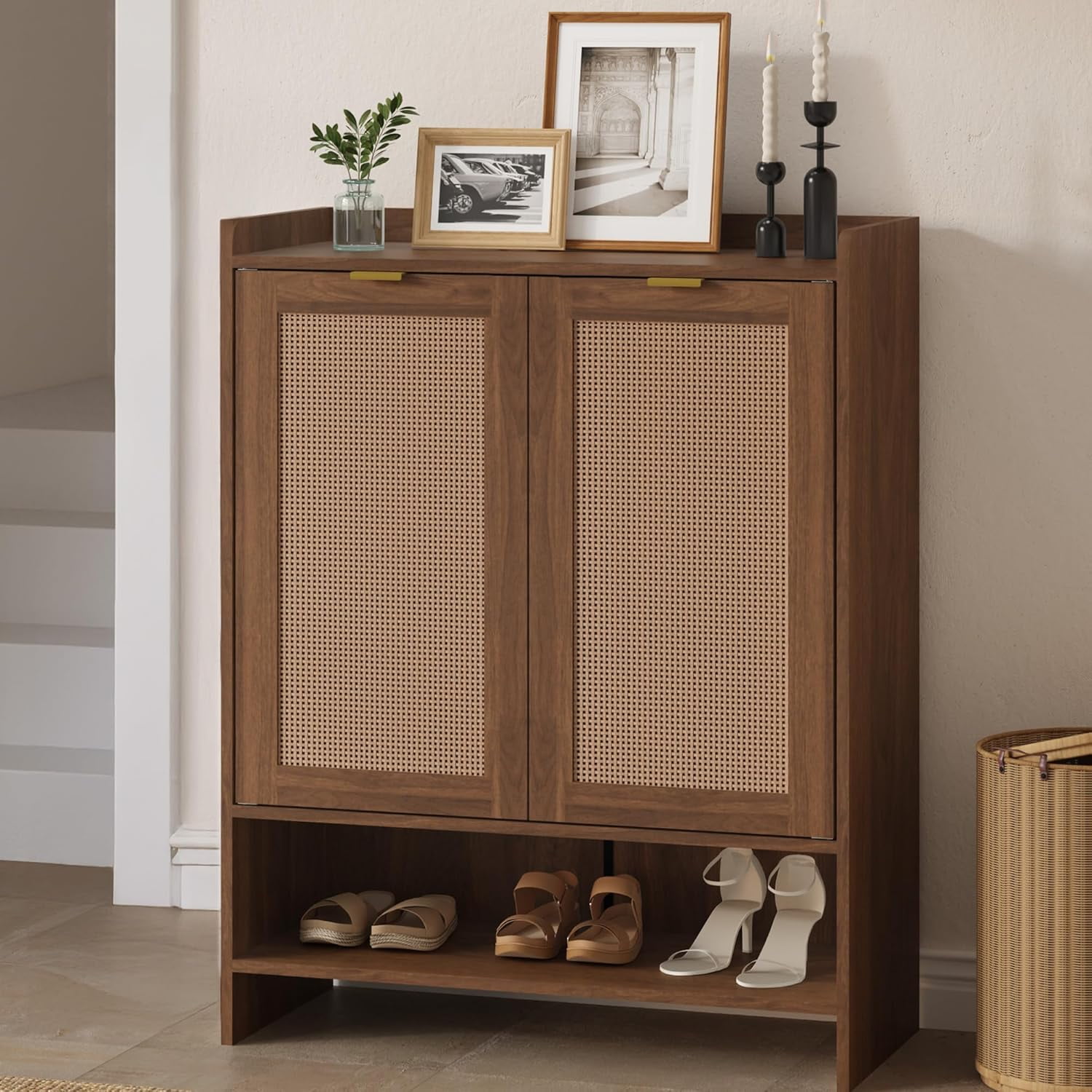 EROMMY Shoe Storage Cabinet, 41" Tall Rattan Shoe Organizer with 2 ...