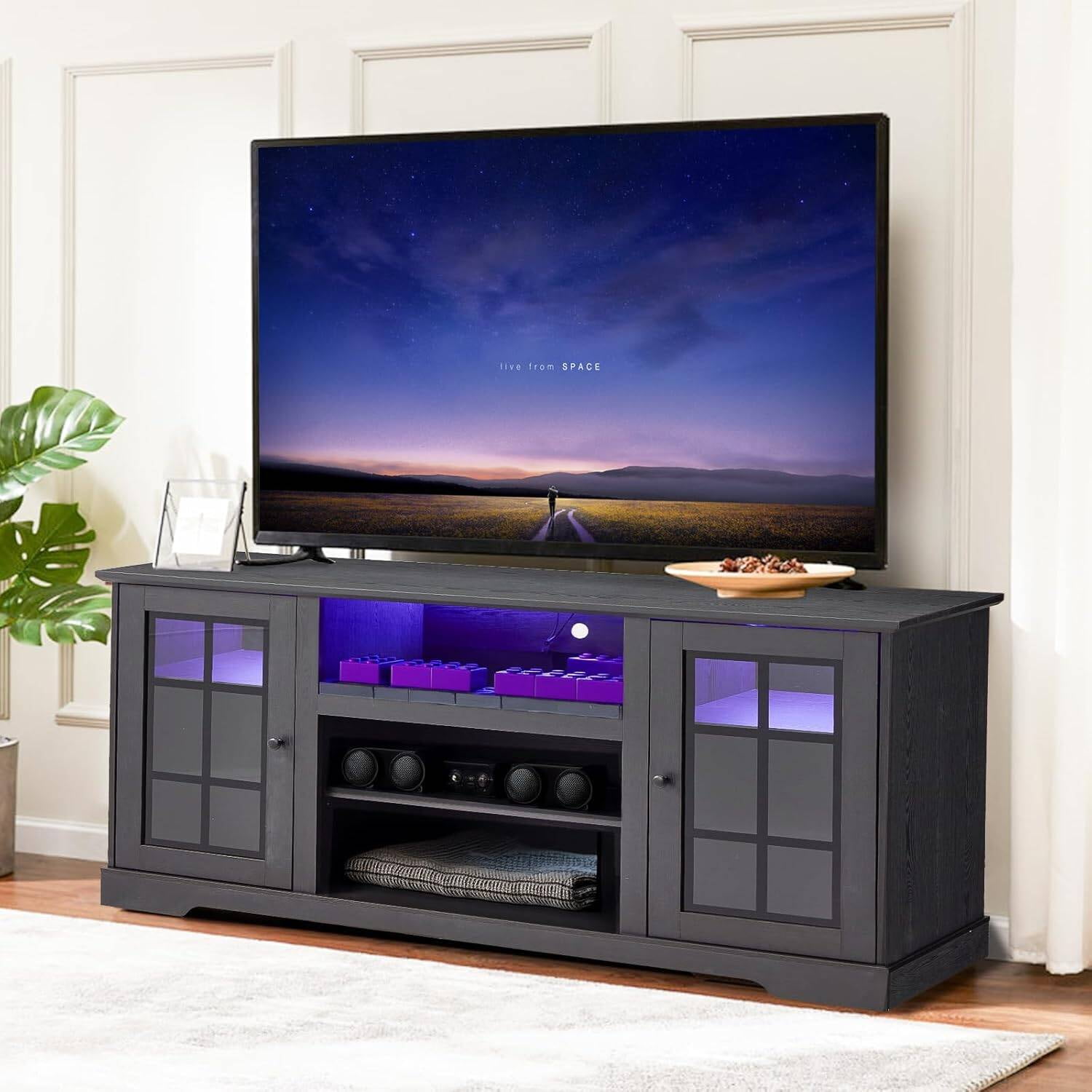 EROMMY Solid Wood TV Stand for 65 Inch TV, Modern TV Console with RGB ...