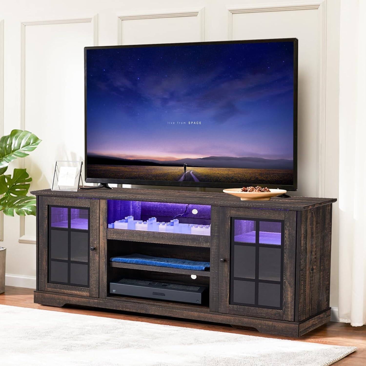 EROMMY Solid Wood TV Stand for 65 Inch TV, Modern TV Console with RGB ...