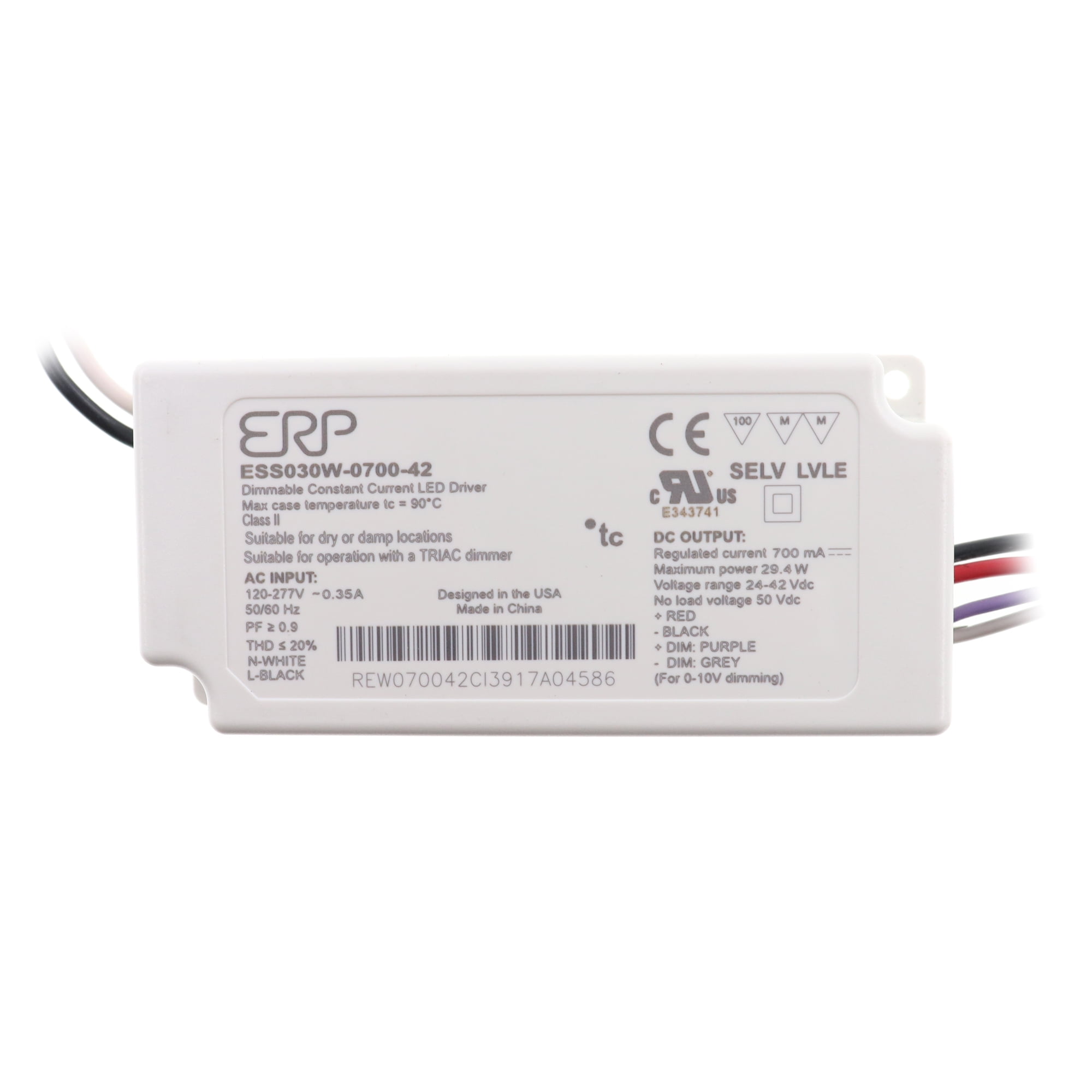 ERP ESS030W-0700-42 Constant Current LED Driver, TRIAC Dimmable, 700mA, 30W, 24-42Vdc, 120/277V ...