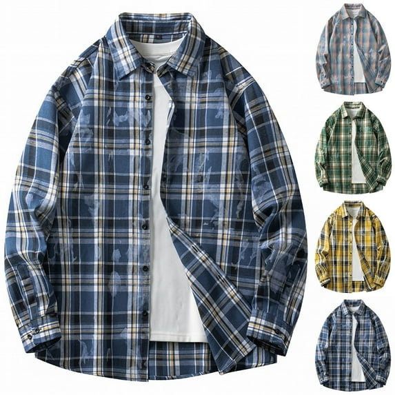 YFNNUP Plaid Shirt Mens Casual Button Down T-Shirt Regular Fit Long ...