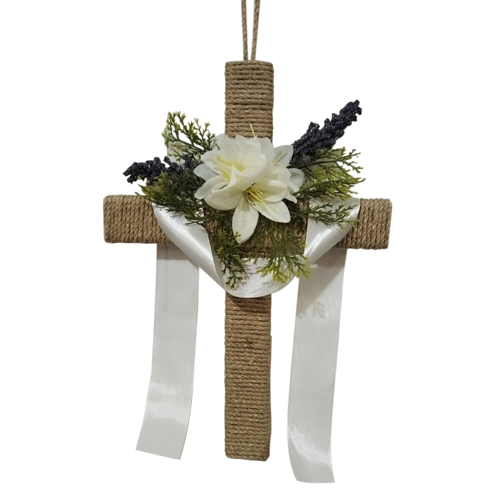 ERTZAE Easter Wreath For Front Door,14" White Handwoven Jute Cross With ...
