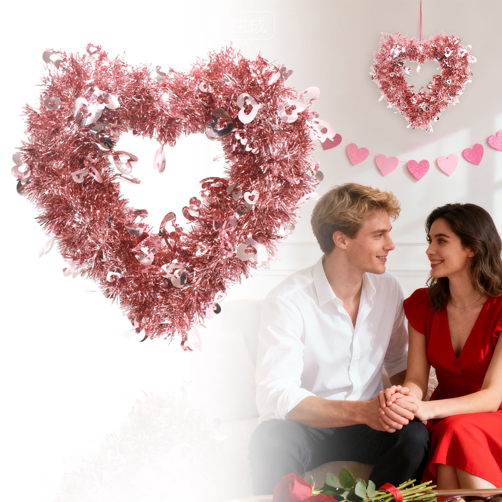 ERTZAE Tinsel Hearts Shaped Wreath,14" Pink Charming Heart Wreath For ...