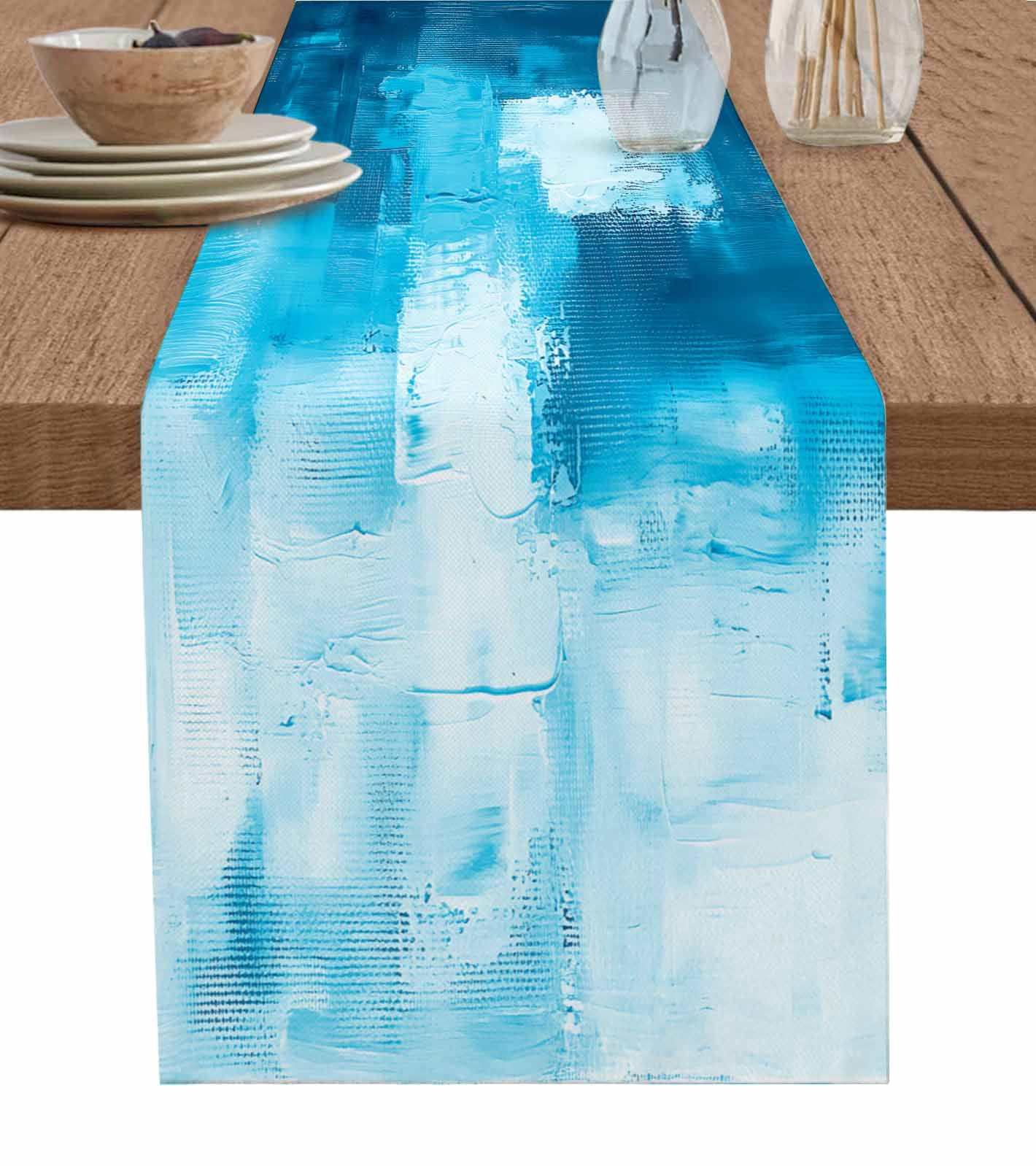 ERUNPONLY Abstract Aqua Blue Table Runner - 120 Inch Long Contemporary ...