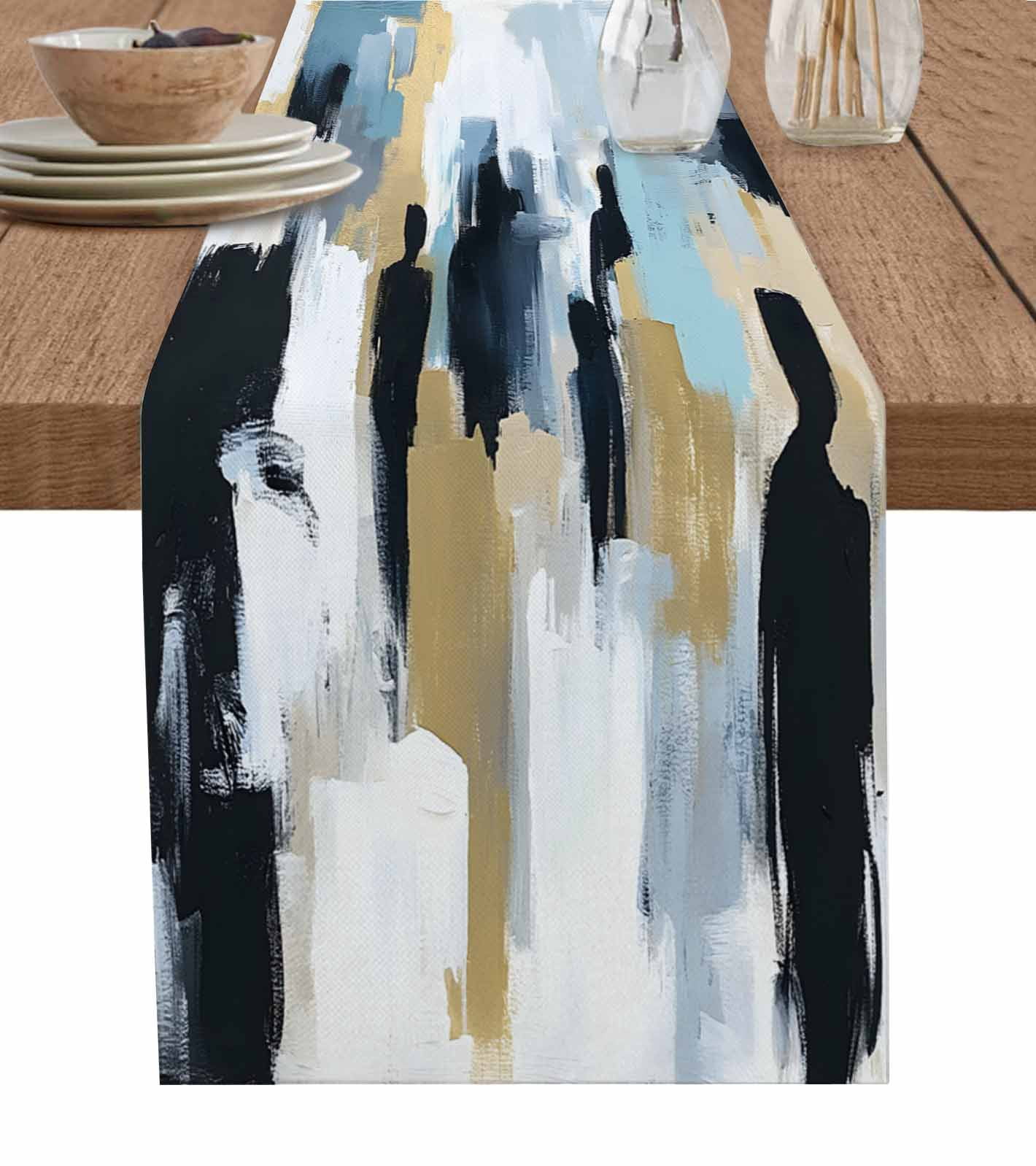 ERUNPONLY Abstract Black Gold Table Runner - 72 Inch Long Modern Oil ...